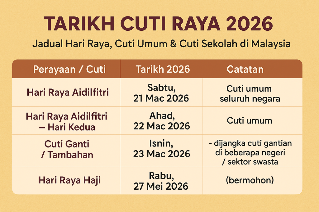 Tarikh Cuti Raya 2026: Jadual Hari Raya, Cuti Umum & Cuti Sekolah di ...